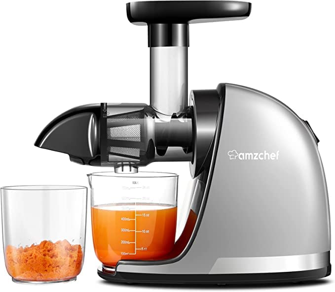 AMZCHEF Slow Masticating Juicer Bundled with Slicer Shredder Attachments, Cold Press Juicer With Silent Motor and Reverse Function,3 Interchangeable blades for Juicing and Shredding Cheese