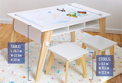 Wildkin Kids Arts and Crafts Table Set for Boys and Girls, Mid Century Modern Design Table Includes Two Stools, Paper and Storage Cubbies Underneath Helps Keep Art Supplies Organized (White)