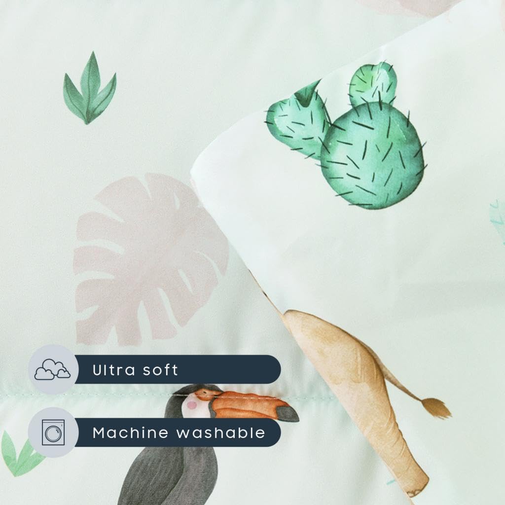 Wake In Cloud - Nap Mat with Removable Pillow for Kids Toddler Boys Girls Daycare Preschool Kindergarten Sleeping Bag, Elephant Lion Zebra Animals Printed on Green,100% Soft Microfiber