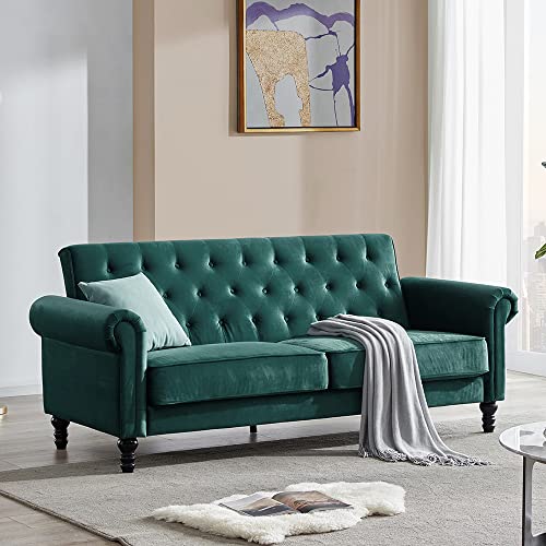 Classic Sofa Couch Mid Century Upholstered Velvet Fabric Tufted Sofa with Scroll Arms for Living Room Bedroom Apartment (Green) (CY001)