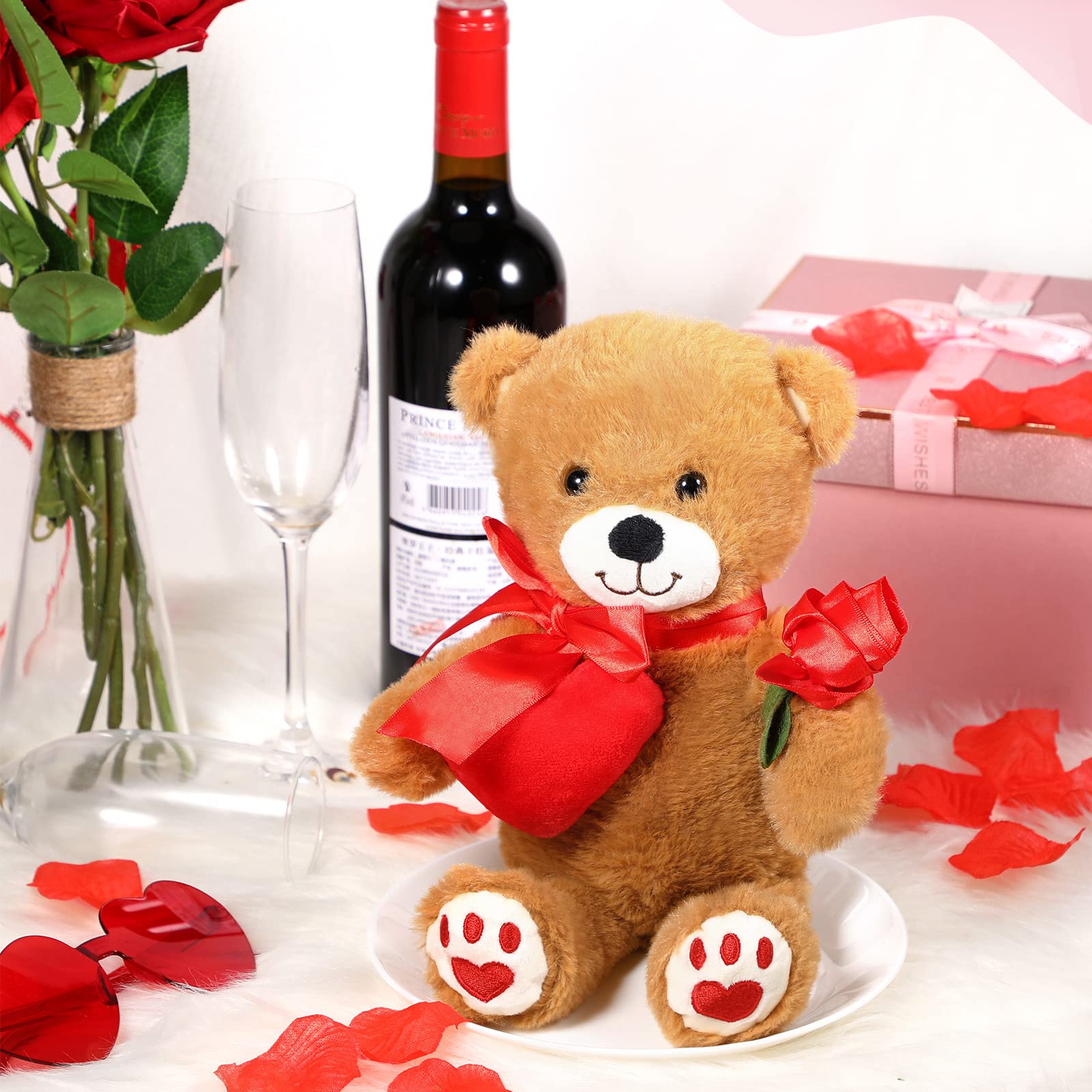 Cute Plush Bear with Rose and Red Heart Soft Plush Bear Stuffed Animal with Gift Bag for Mother's Day Present Lovely Bear for Kids Girlfriend Sofa Car Bedroom Decor, 8 Inches