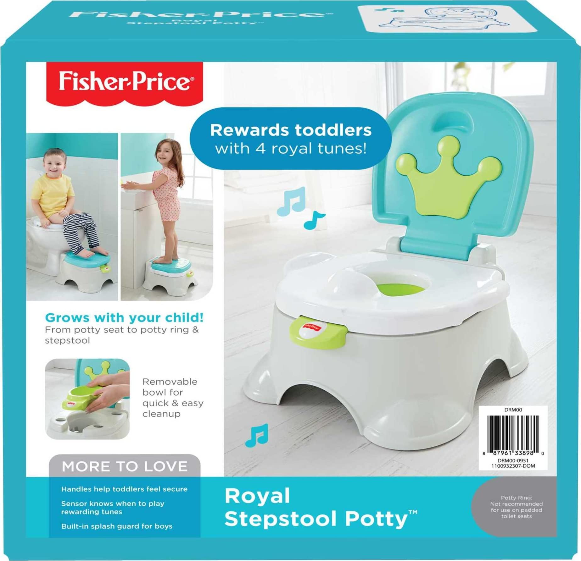 Fisher-Price Toddler Toilet Royal Stepstool Potty Training Seat with Music plus Removable Ring and Bowl, Blue