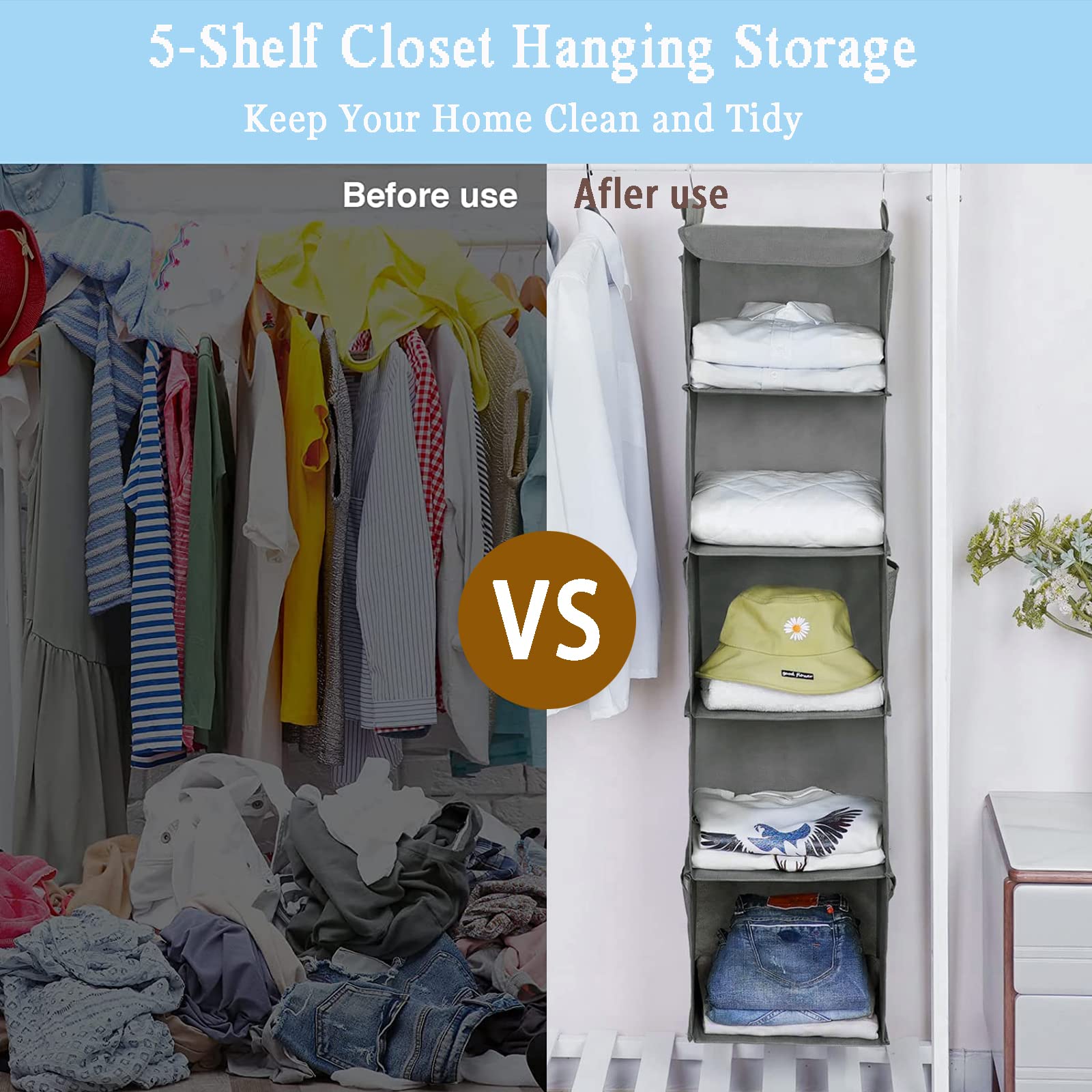 BSFHH Hanging Closet Organizer, 5-Shelf Closet Hanging Storage with 6 Side Pockets,Collapsible Hanging Shelves for Closet Oxford Cloth 10.4" W x 11.8" L x 51.6" H (Grey, 1 Pack)