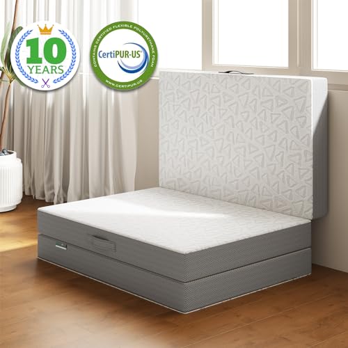 PurrJoys Foldable Full Mattress, 4 Inch Tri-Folding Memory Foam Mattress with Carry Handle, Washable Cover,& Non-Slip Bottom, Foldable Bed for Guests, Travel, Camping, Easy to Carry, Double Mattress