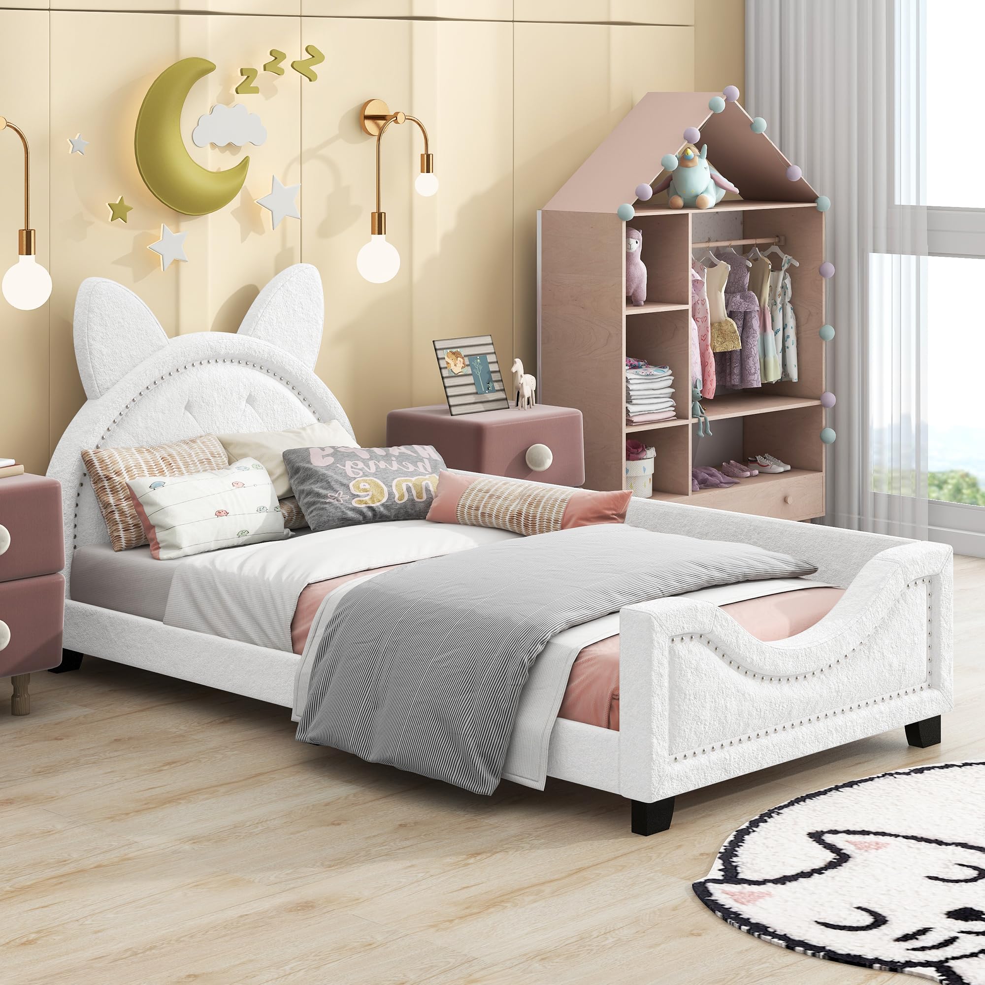 Acosure Teddy Fleece Twin Size Upholstered Daybed with Carton Ears Shaped Headboard for Kids Bedroom,Wood Low Floor Platform Bed,Super Save Space/Easy Assembly/No Box Spring Needed,White