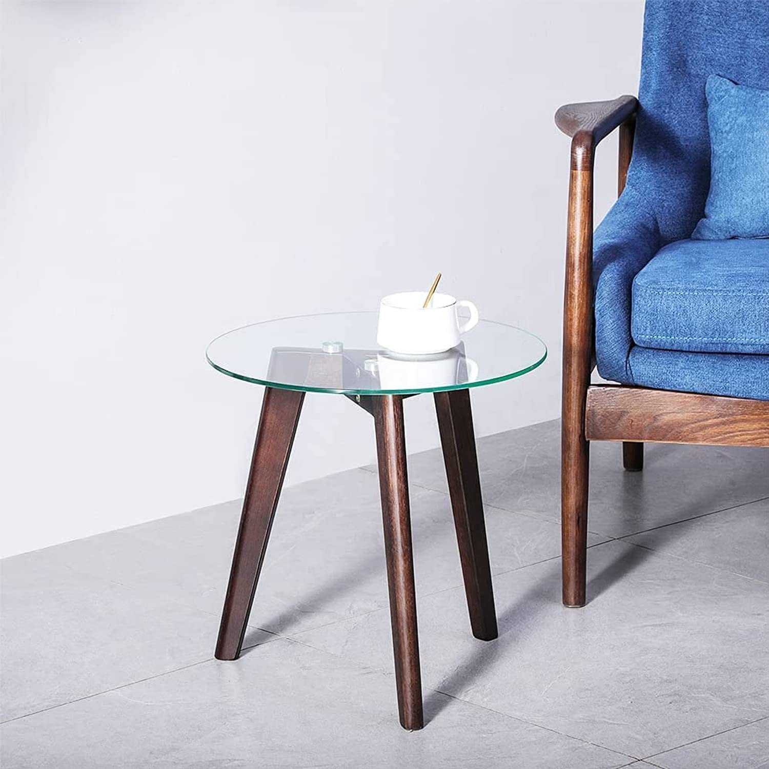 Anzezhong Triskele End Table, Walnut Minimalist Round Coffee Table, Mid Century Side Table with Tempered Glass Top Walnut Wood Legs (Medium)