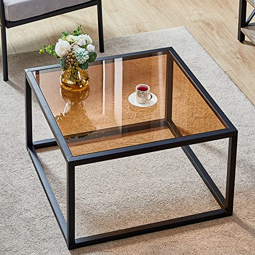SAYGOER Glass Coffee Table Modern Coffee Tables Simple Square Center Table for Living Room Home Office Tempered Glass-top with Sturdy Metal Frame 26.7 x 26.7 x 15.7 Inches Easy Assembly, Brown Glass