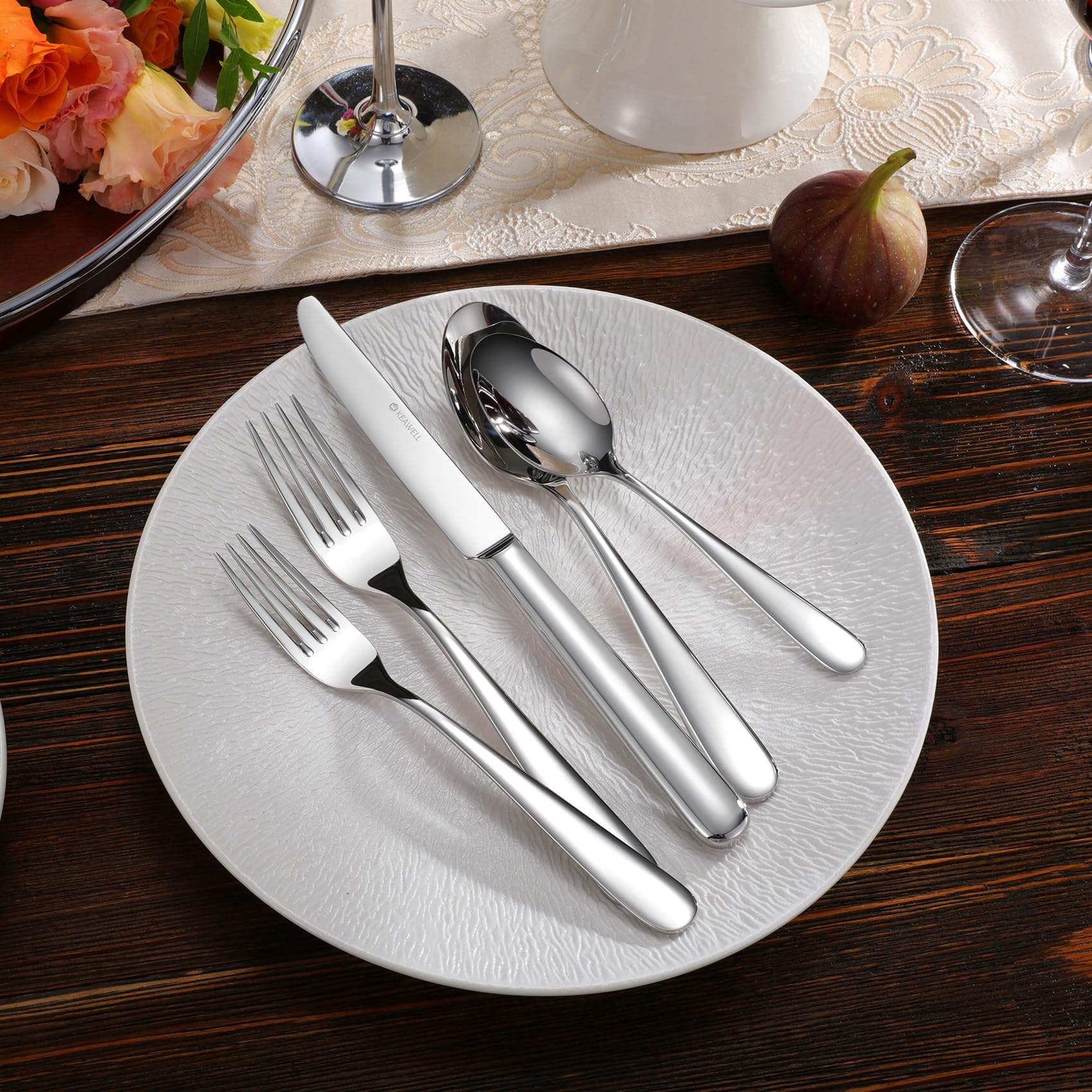 KEAWELL Premium 45-Piece Louise Silverware Set, 18/10 Stainless Steel, Service for 8, Fine Flatware Set, Smooth and Exceptional mirror finish, Dishwasher Safe (45)