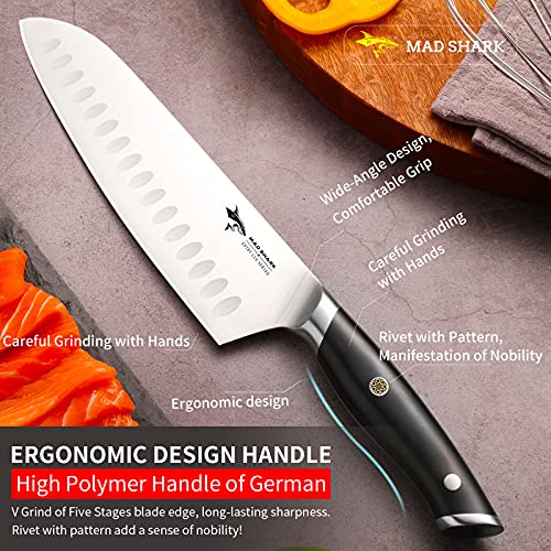 MAD SHARK Chef Knife, Professional 8 Inch Santoku Knife, Made of German High Carbon Stainless Steel, Non-stick Ultra Sharp Kitchen Knife with Ergonomic Handle, Finger Guard and Gift Box