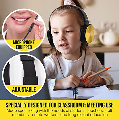 Classroom Headphones With Microphone Bulk 10-Pack, Student On Ear Comfy Swivel Earphones for Library, School, Airplane, Online Learning and Travel, HQ Stereo Sound 3.5mm Jack (Colored With Microphone)