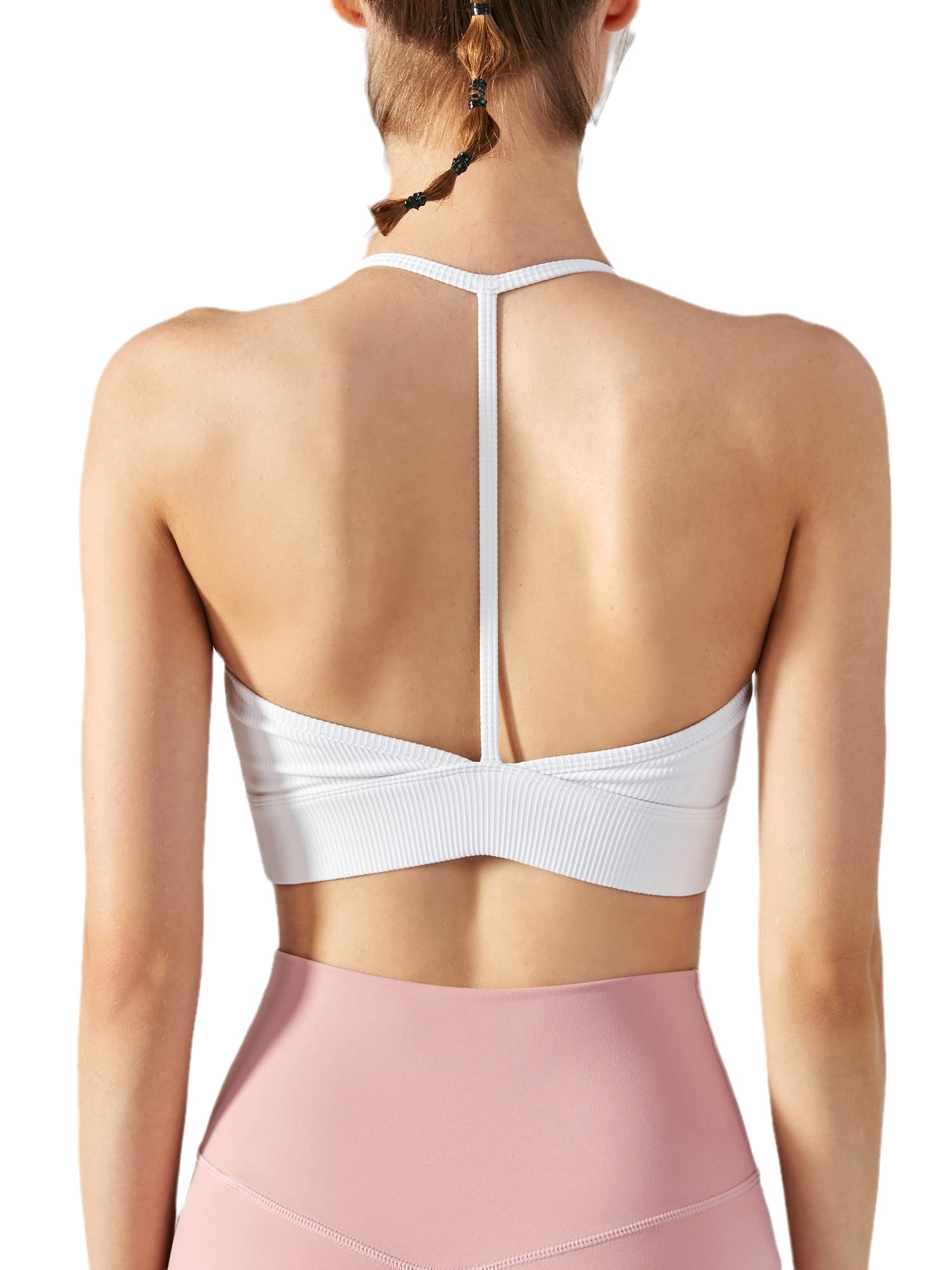 Abonlen Sports Bras for Women Ribbed Padded T Racerback Bras Yoga Workout Crop Tank Top (as1, Alpha, l, Regular, Regular, White, Large)