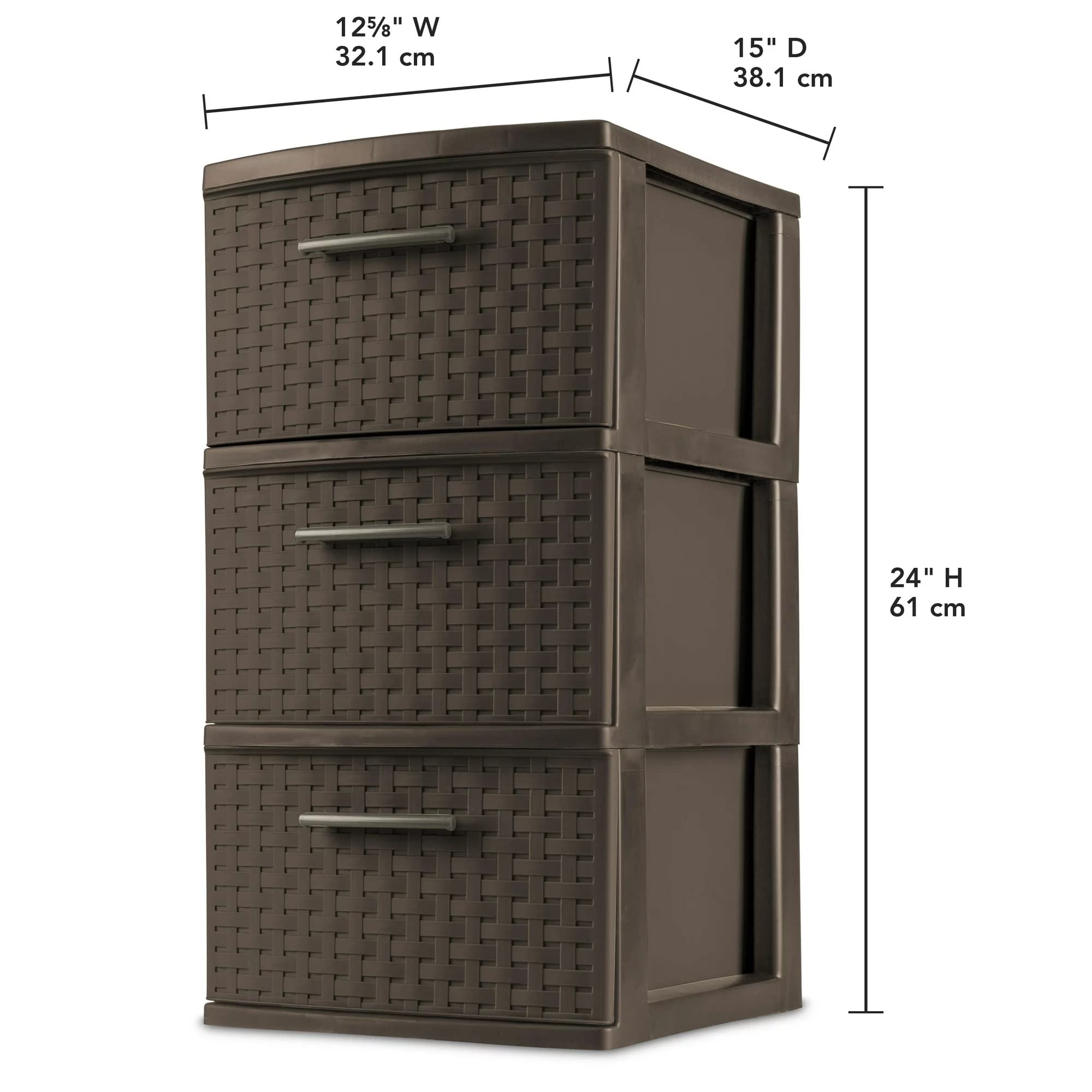 TQaSer 3-Drawer Wide Weave Design Storage Tower, Espresso Frame & Drawers With Driftwood Handles, Brown, Case of 1