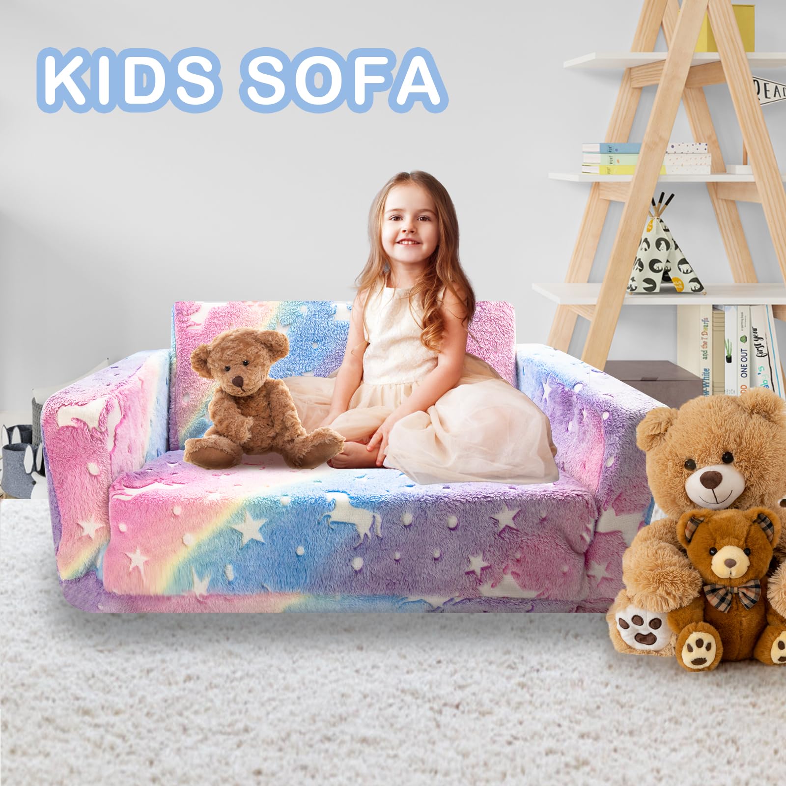 Asou Kids Sofa Toddlers Sofa with Blanket Glow in The Dark Kids Couch Fold Out Toddlers Play Couch 2 Seats Couch for Kids Toddlers
