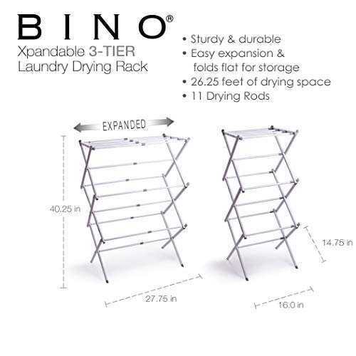 BINO 3-Tier Collapsible Drying Racks | White | Laundry Foldable Rack | Air Drying & Hanging | Foldable Portable Indoor & Outdoor | Space Saving Clothes Dryer Stand