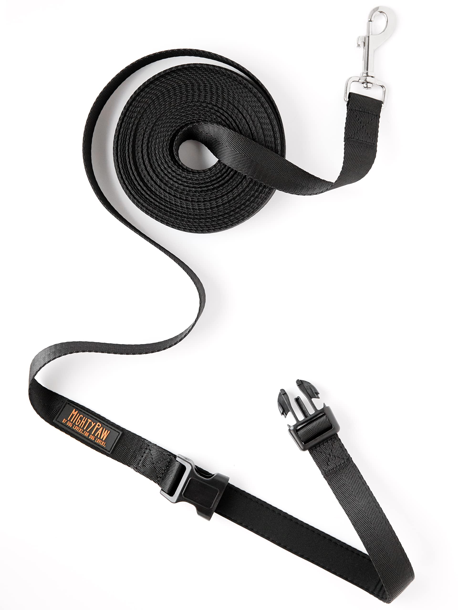 Mighty Paw Long Dog Leash | Pet Lead for Off-Leash Recall Training. Premium Quality Nylon Tie Out , Includes a Buckled Padded Handle. Great for Yard, Camping and Training. (15 Feet, Black)