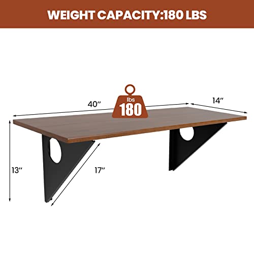 COSTWAY Wall-Mounted Desk, 40β Industrial Floating Computer Desk w/Rubber Wood Table Top & Heavy-Duty Steel Brackets, Space-Saving Home Office Laptop Table, Easy-to-Setup Bar Table for Kitchen