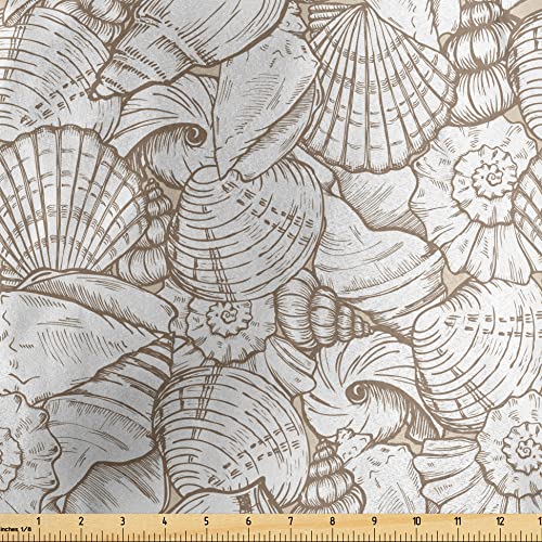 Lunarable Seashells Fabric by The Yard, Vintage Style Illustration Pile of Aquatic Ocean Wildlife Theme, Decorative Satin Fabric for Home Textiles and Crafts, 1 Yard, White Beige