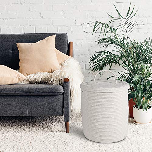 Cotton Rope Storage Basket with Lid | Large Woven Baskets and Handles 15" x 13" | for Nursery, Laundry, White Round Hamper, Home Living Room Floor, Toy Organizing bins, Blanket, Pillow and Big