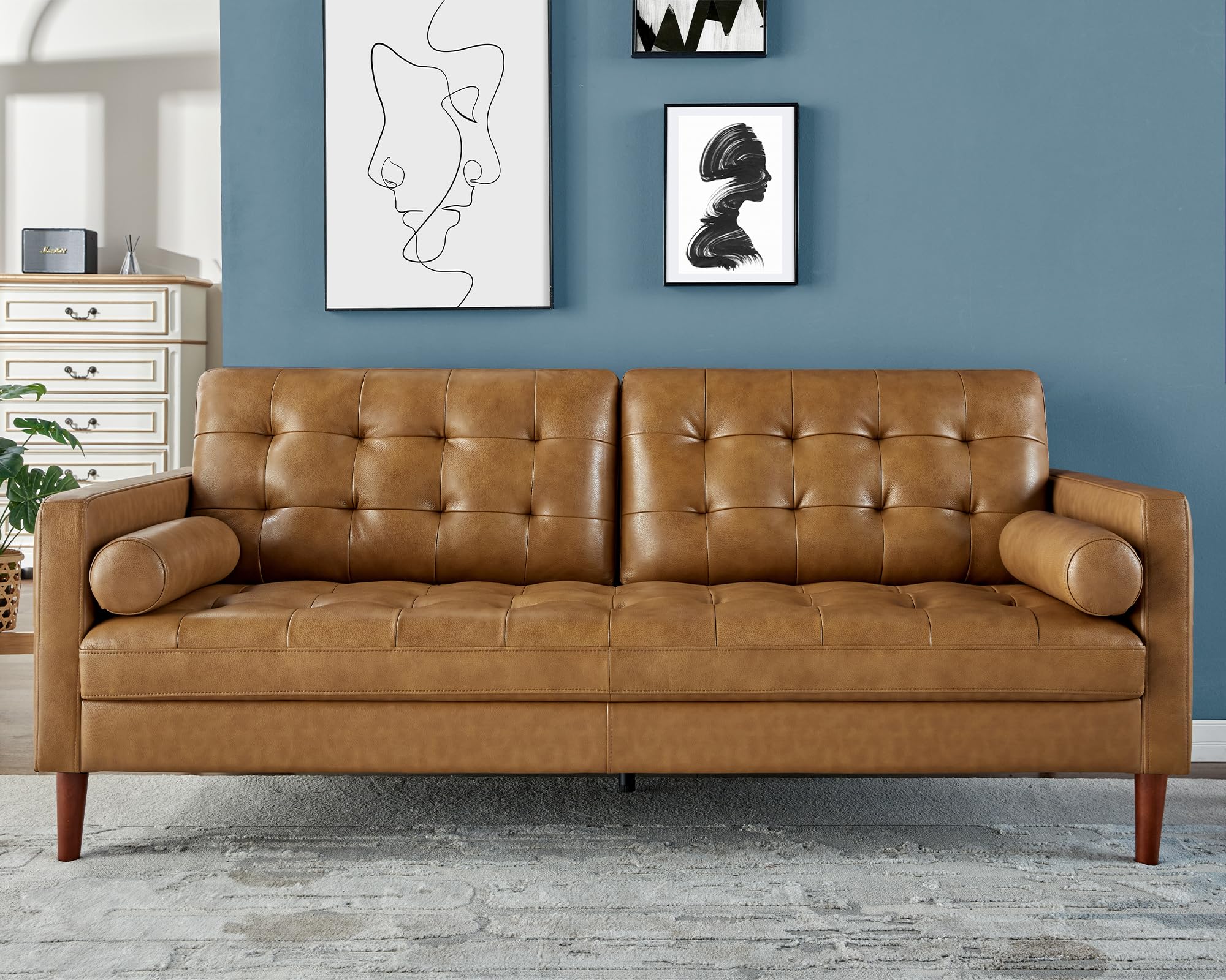 AMERLIFE Leather Sofa, 3 Seater Genuine Leather Sofa, Mid-Century Leather Sofa, Comfy Couch for Living Room-Dark Brown Leather Sofa Couch