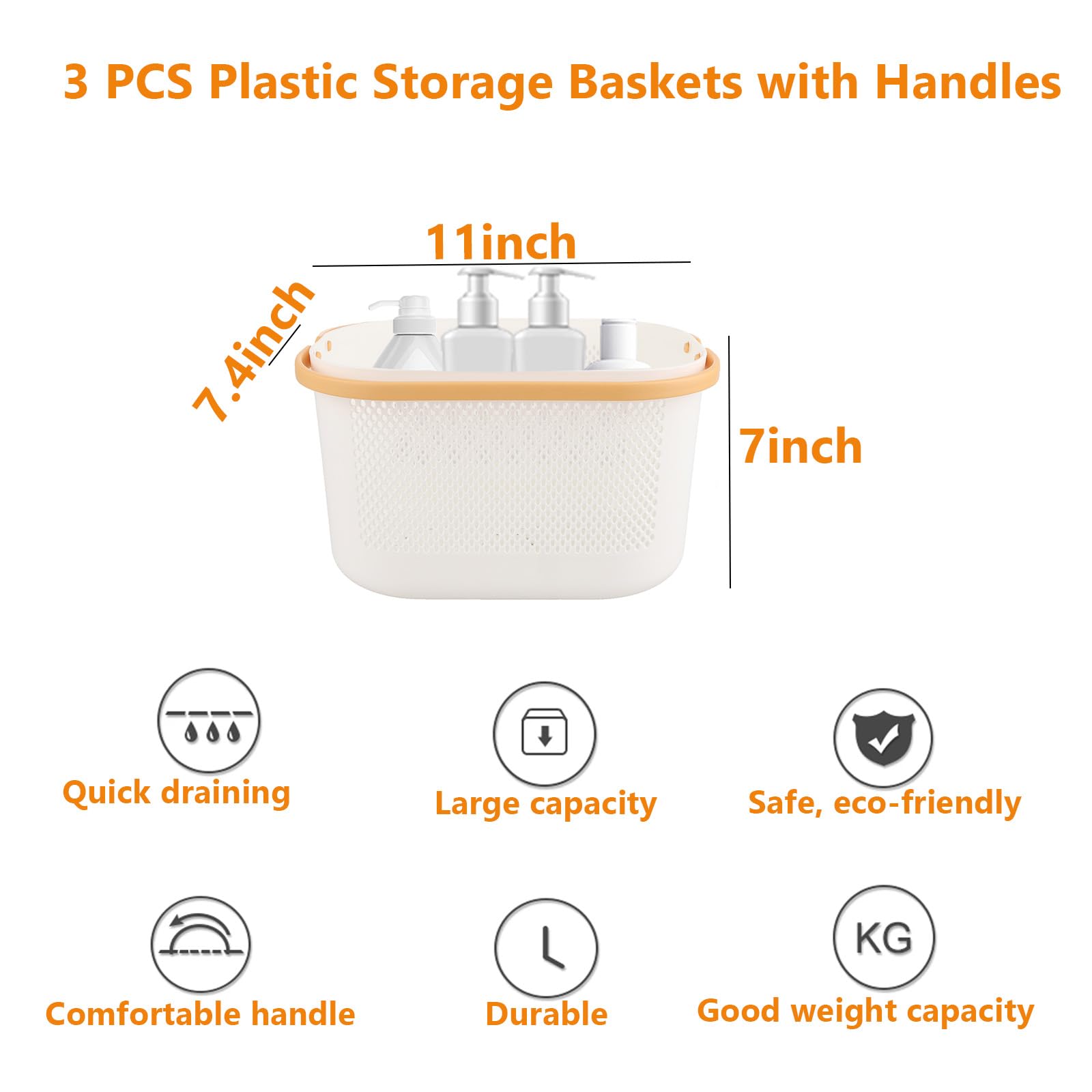 Acrux7 3 Pack Plastic Storage Baskets with Handles, 11x7.4x7 inch Portable Shower Caddy Tote Storage Basket for Bathroom, Kitchen, Dorm Room, Cleaning Supplies (White)