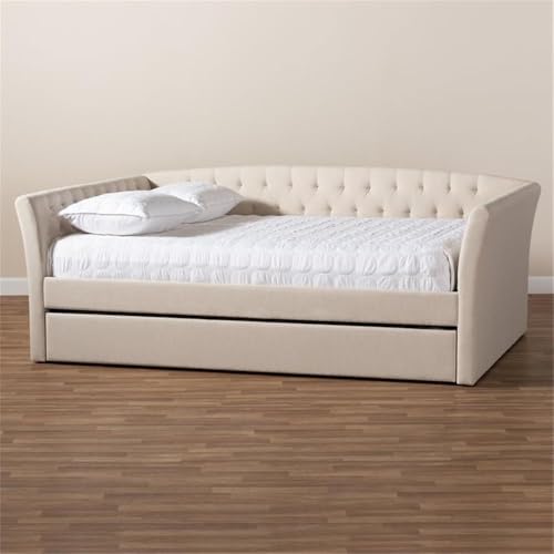 Baxton Studio Delora Modern and Contemporary Beige Fabric Upholstered Full Size Daybed with Roll-Out Trundle Bed