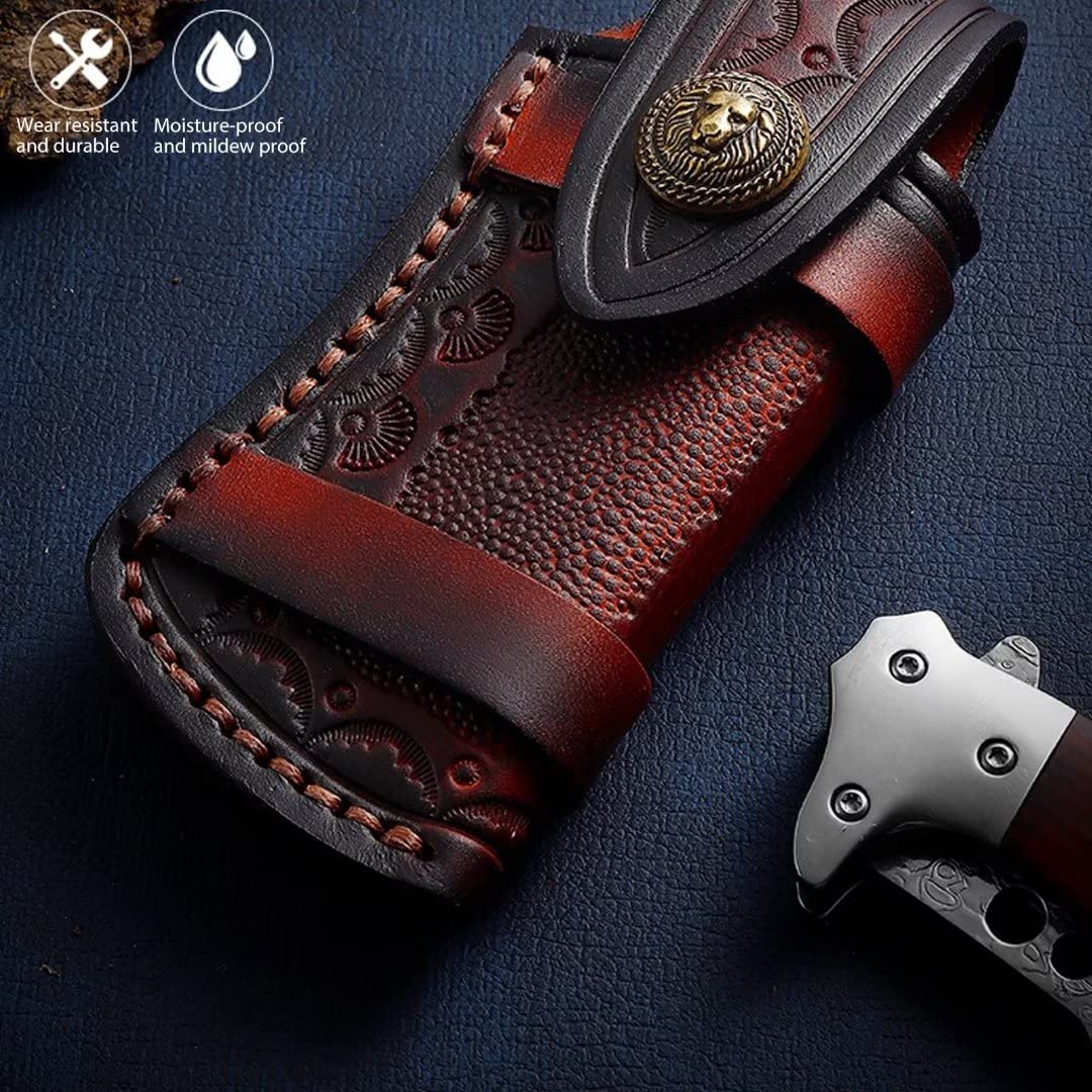 Jamal New Hand Made Carved Cow Leather Sheath for Folding Knife Cover Pouch Belt Clip Made of Leather and Brass