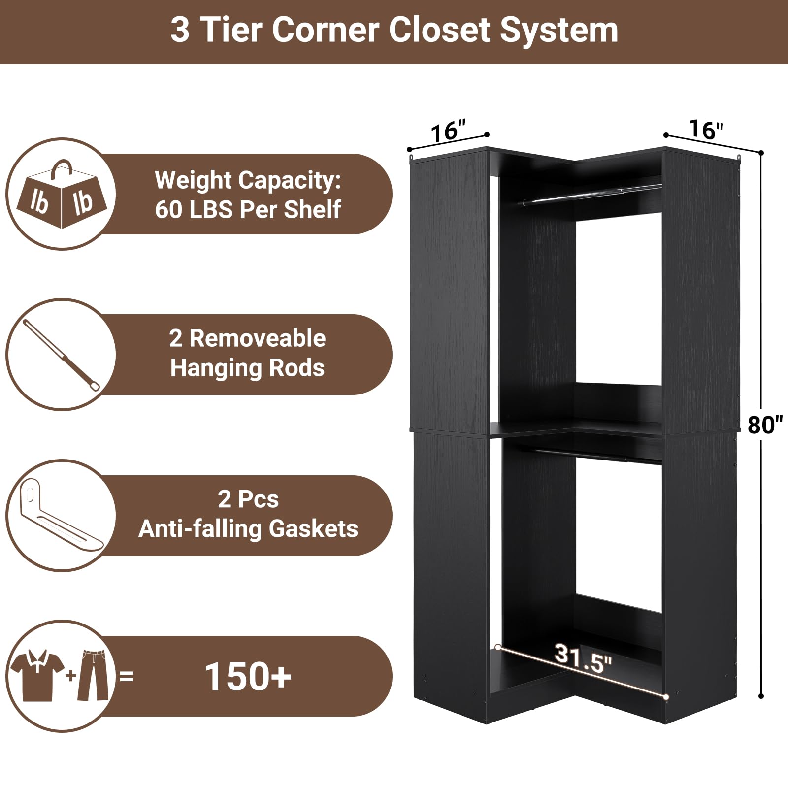 Armocity Corner Closet System, 32 Inches Wide Wood Corner Unit with 2 Hanging Rods and All Hardware Kits, 3-Tier 80'' Height Corner Wood Closet Tower, White