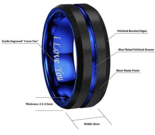 4mm 6mm 8mm 10mm Blue Groove Black Matte Finish Tungsten Carbide Wedding Band Ring Engraved I Love You (8mm,11)