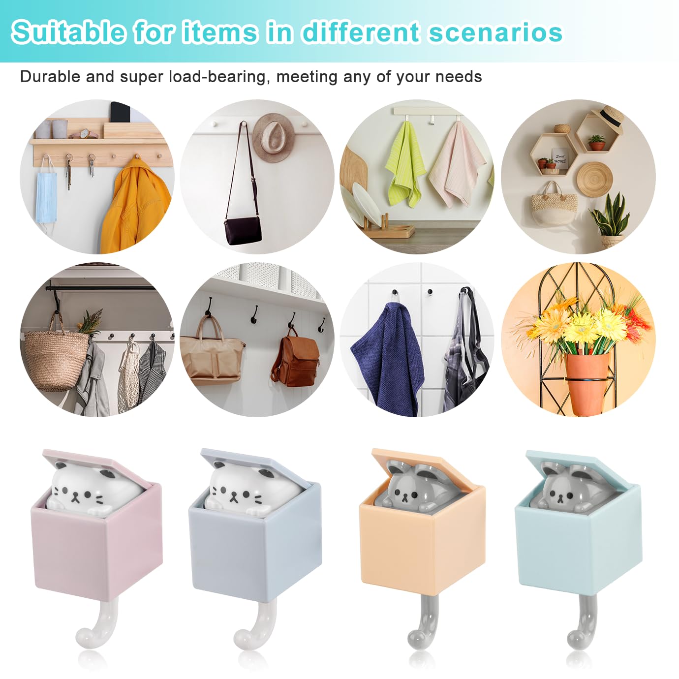 Tophoniex Cute Cat Key Hook, Sticky Coat and Hat Hook, 4 Cute Cat Key Hooks, Plastic Pet Wall Hook for Hanging Keys, Used for Coats, Jackets, Bags, Wall Decoration