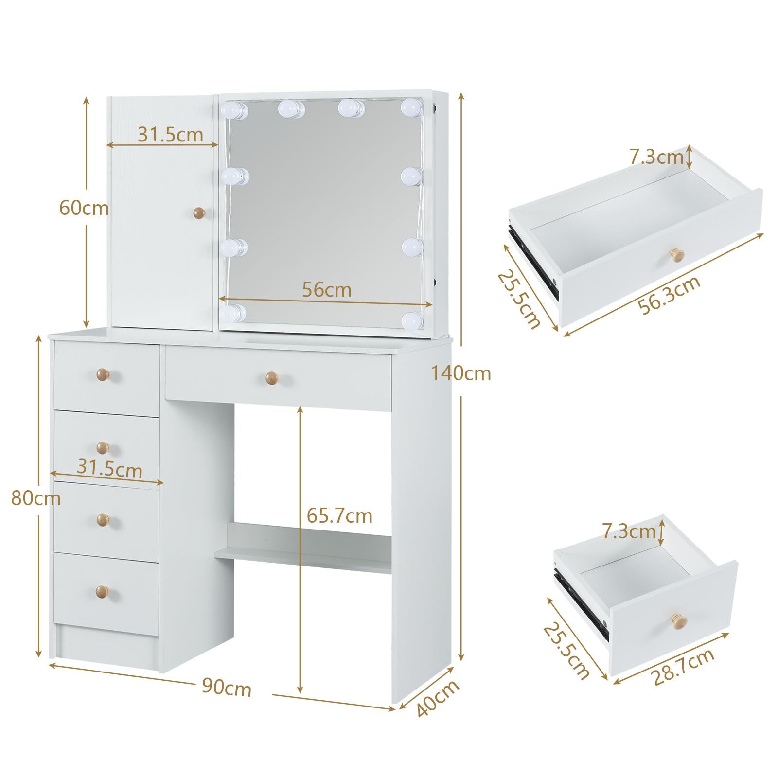 Abesthink Makeup Vanity with Lights, Makeup Vanity Desk with Mirror and 10 LED Lights,Vanity Table Set with 5 Drawers, Cabinet,Stool and Hidden Shelves,Vanity Set Dressing Table for Bedroom, White