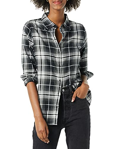 Amazon Essentials Women's Classic-Fit Long-Sleeve Lightweight Plaid Flannel Shirt, Black White Large Plaid, Large