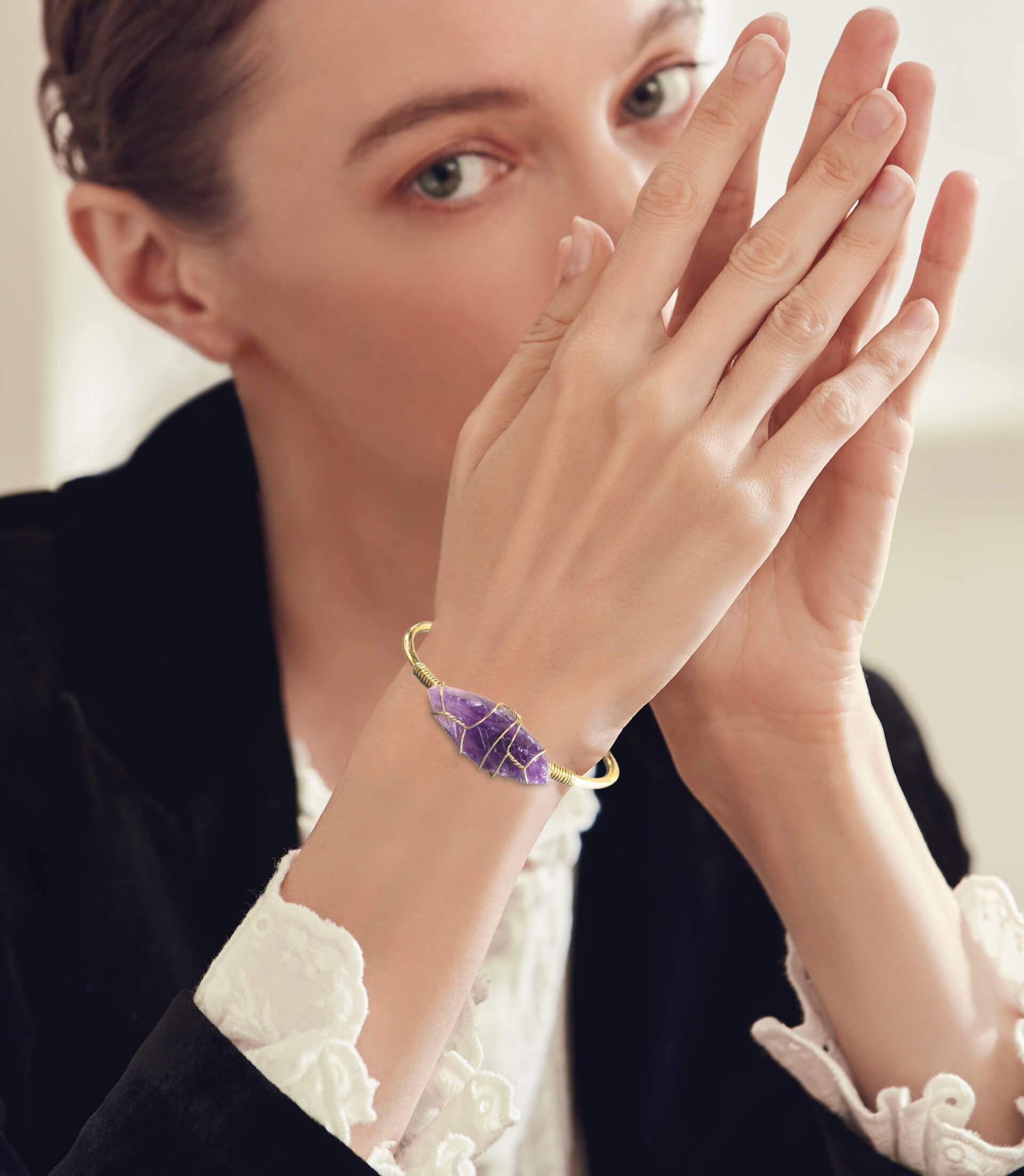 Amethyst Bangle Bracelet, Gold Plated Wire Wrap Natural Purple Crystal February Birthstone Bracelet Cuff for Women, Handmade Adjustable Irregular Raw Gemstone Large Wrists, 0.8ββ~1.4ββ