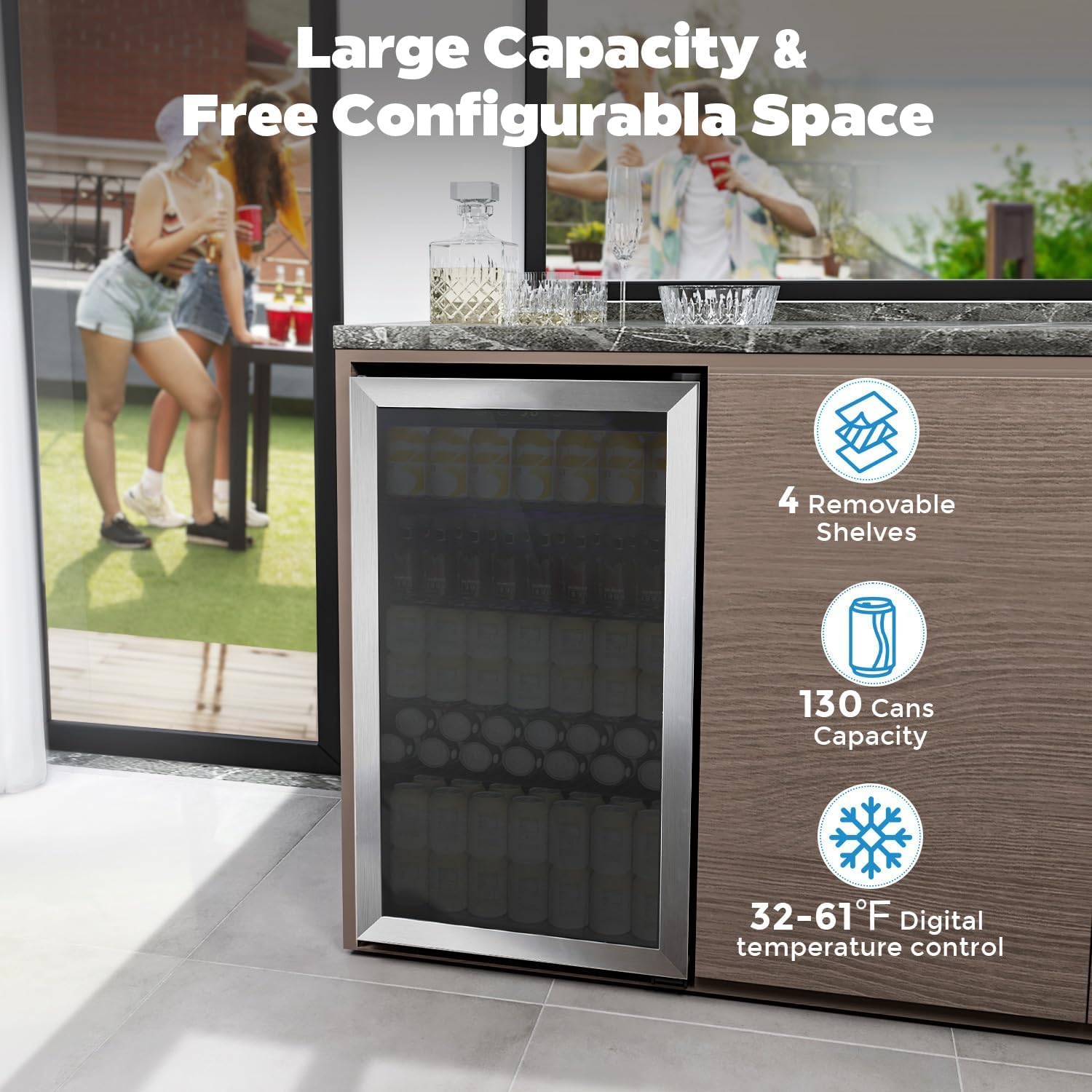 Kndko Beverage Refrigerator Cooler - 130 Can Mini Fridge with Adjustable Shelves, Glass Door, Digital Temperature Control, LED Lighting, Energy Efficient for Home, Office, Bar - 3.2 Cu.Ft, Black