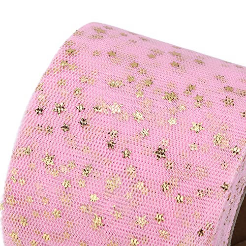 Cyrank Tulle Rolls 2pcs, 6cm Width 25 Yards Tulle Fabric with Gold Stars Patterns Glitter Tulle Rolls for Chair Ties Tutu Skirt Wedding Decor Gift Wrapping(Pink)