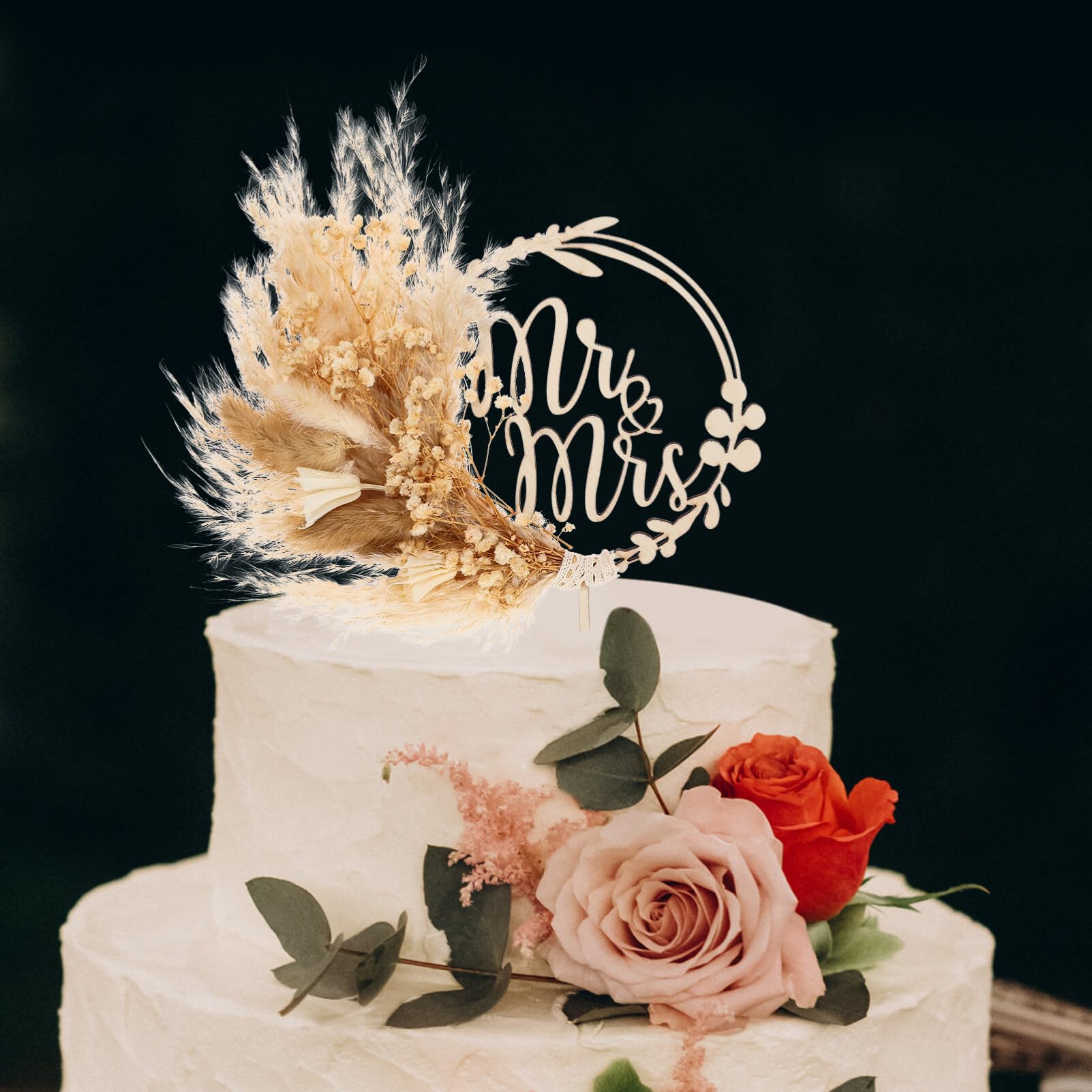 Luxshiny Boho Cake Topper Decorations Pampas Grass Flower Wreath Hoop Cake Topper for Wedding Bridal Baby Shower Birthday Party Supplies