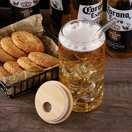 Drinking Glasses with Bamboo Lids and Glass Straw 8pcs Set, 16oz Beer Glasses Glass Cups, Iced Coffee Glasses, Ideal for Whiskey, Soda, Tea, Great Gift + 2 Cleaning Brushes