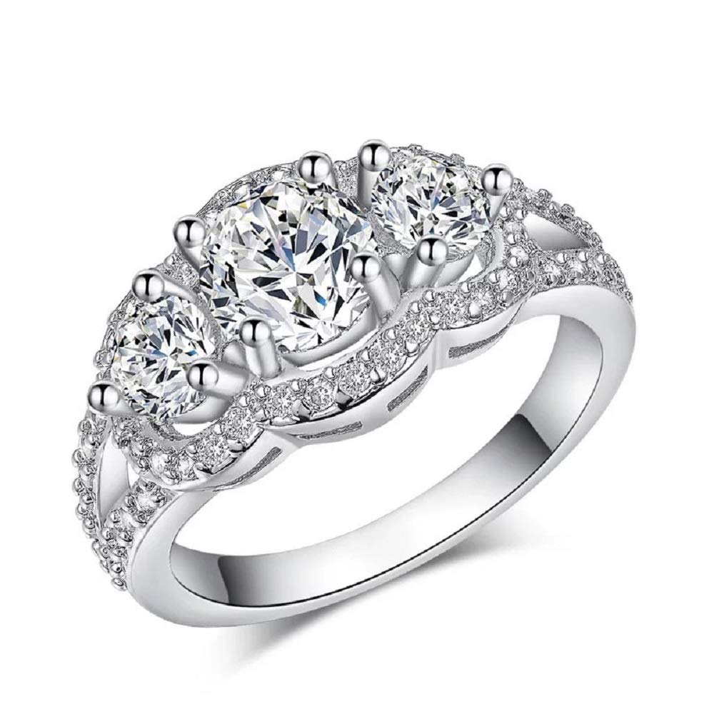 ABIRTE Rhodium Plated Sterling Silver Round Cubic Zirconia CZ 3-Stone Anniversary Engagement Split Shank Ring Wedding Rings for Women Engagement Ring Set 925 Sterling Silver (10)