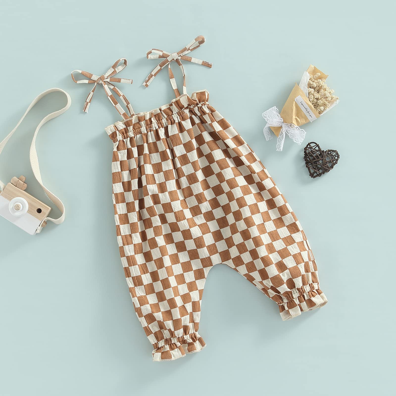 AEEMCEM Newborn Baby Girls Checkerboard Plaid Jumpsuit One Piece Sleeveless Strap Romper Jumpsuit Harem Pant Summer Outfits (Brown, 0-6 Months)
