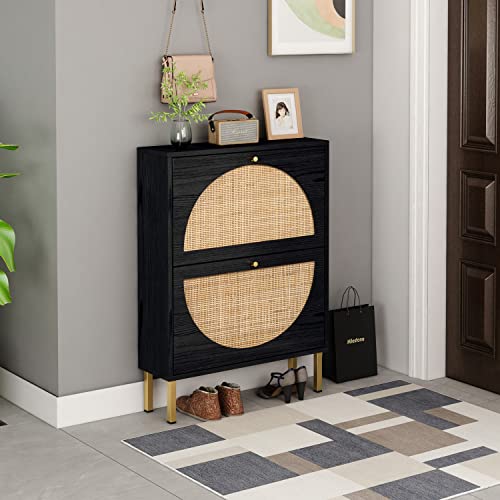 Black Rattan Shoe Storage Cabinet with 2 Flip Drawers for Entryway, Freestanding Shoe Rack Modern Slim Entryway Shoe Organizer with Half Round Woven Rattan Doors for Hallway