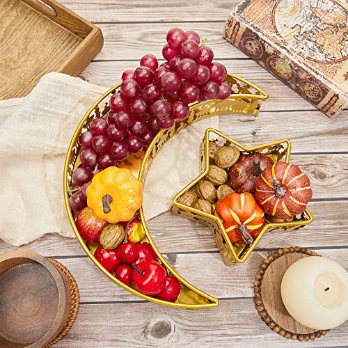 Eid Star Dinner Plate Tray Fruit Plate Ramadan Decoration Ramadan Moon Serving Tray Muslim Food Tray Mubarak Metal Serving Dishes Islam Snack Display Holder for Ramadan Islam Party Decoration, Gold