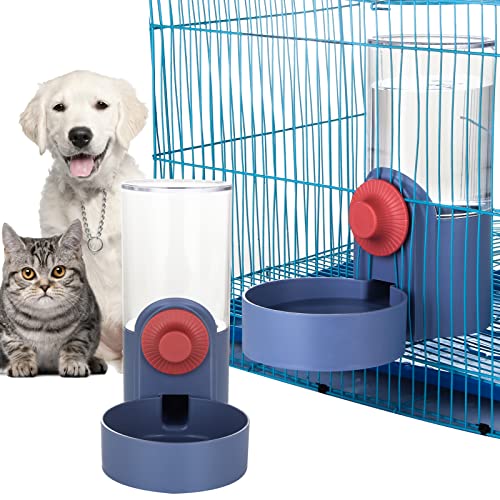 Automatic Food Feeder Water Dispenser, Removable Cage Hanging Food Water Bowl Bottle for Pet Dog Cat, Gravity Auto Food Feeder Waterer for Small Animals, Cat, Rabbit, Bird, Puppy (Waterer, Blue)