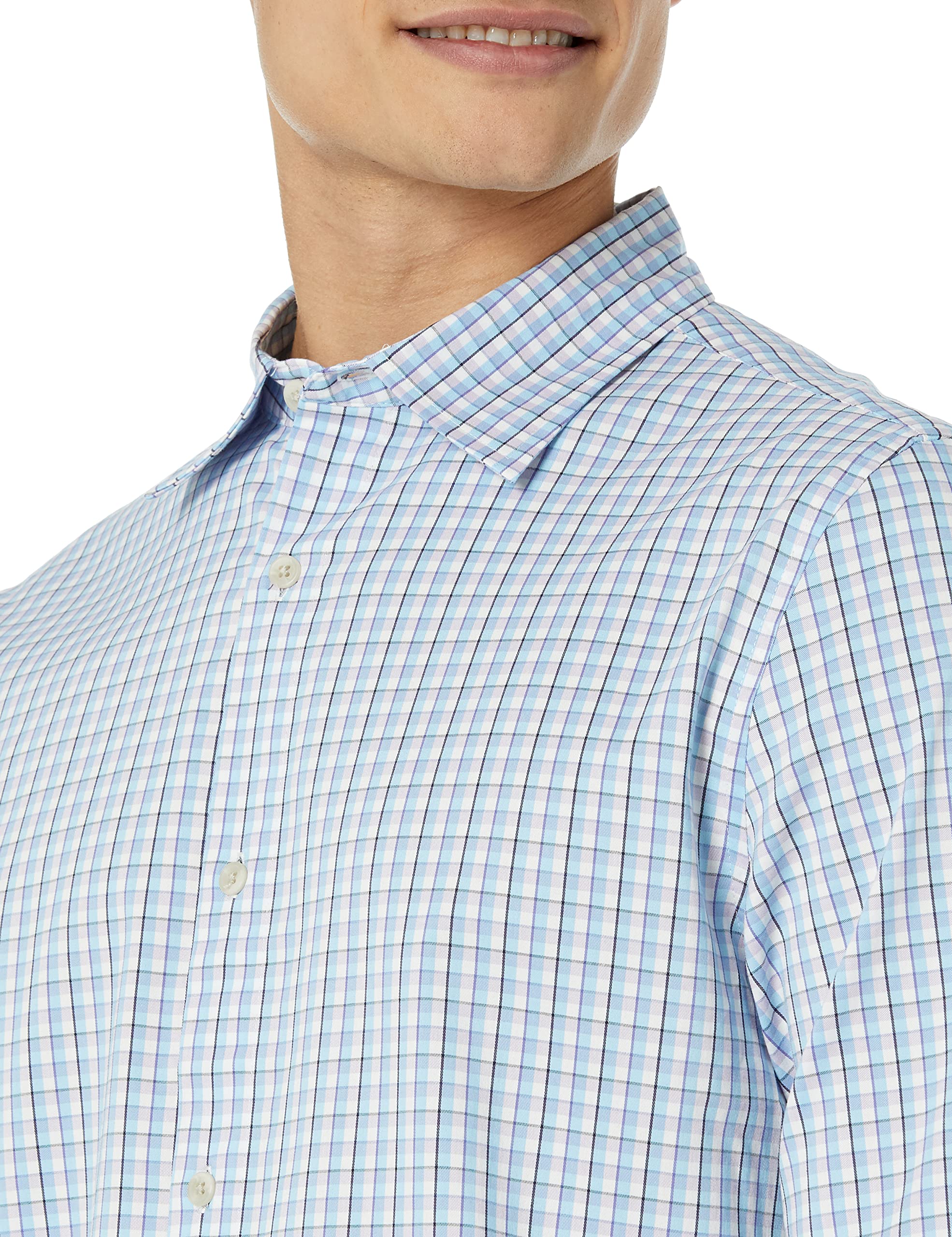 Amazon Essentials Men's Slim-Fit Long-Sleeve Stretch Dress Shirt, White Grid Check, Medium