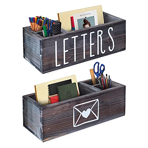 Wooden Mail Organizer with Pen Holder - 3 Compartment Office Desk Organizer Box, Mail Holder for Countertop, Desktop Letter Holder Box, Rustic Home Office Decor Mail Storage Basket, 13 in Grey