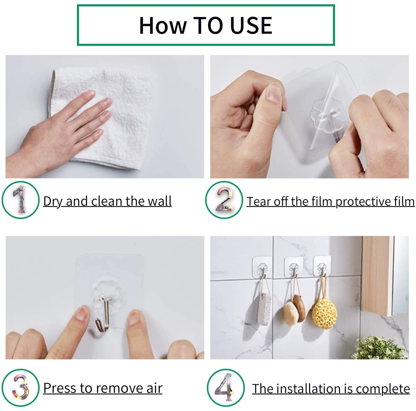 Adhesive Hooks Utility Hooks 44 lb/ 20 kg(Max), Heavy Duty Coat Hooks Waterproof and Oilproof Seamless Hooks, Reusable Wall Hook for Bathroom Kitchen