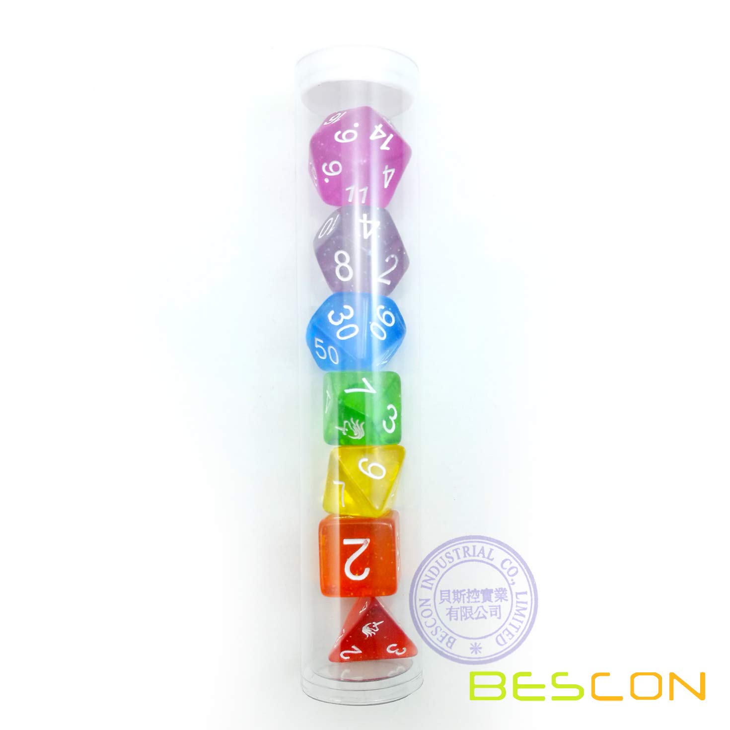 Bescon Colorful Unicorns Rainbow Sparkled Polyhedral D&D Dice Set of 7 RPG Role Playing Game Dice 7pcs Set