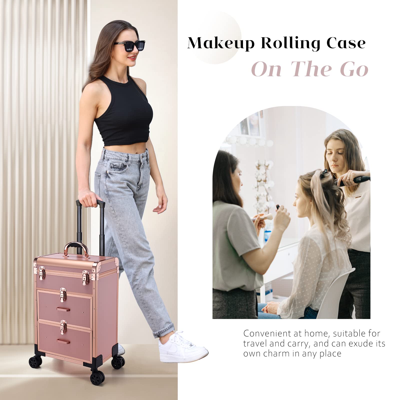 Adazzo Professional Rolling Makeup Train Case with Drawers, Large Cosmetic Trolley with Locks, Cosmetics Storage Organizer Make up Case for Travel Makeup/Nail Art/Hair Styling, Matte Gold