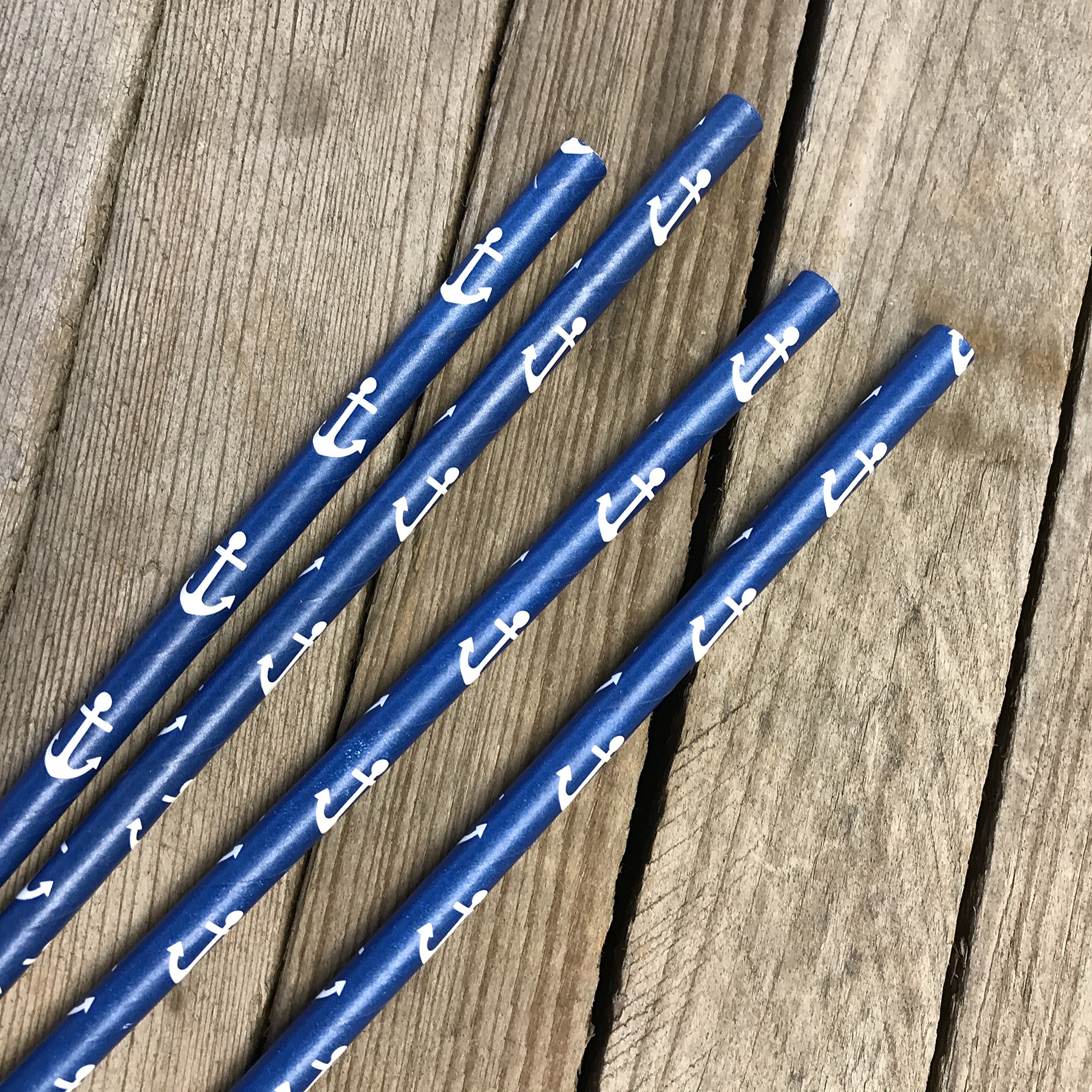 Anchor Nautical Themed Paper Straws - Navy Blue White - 7.75 Inches - 100 Pack - Outside the Box Papers Brand