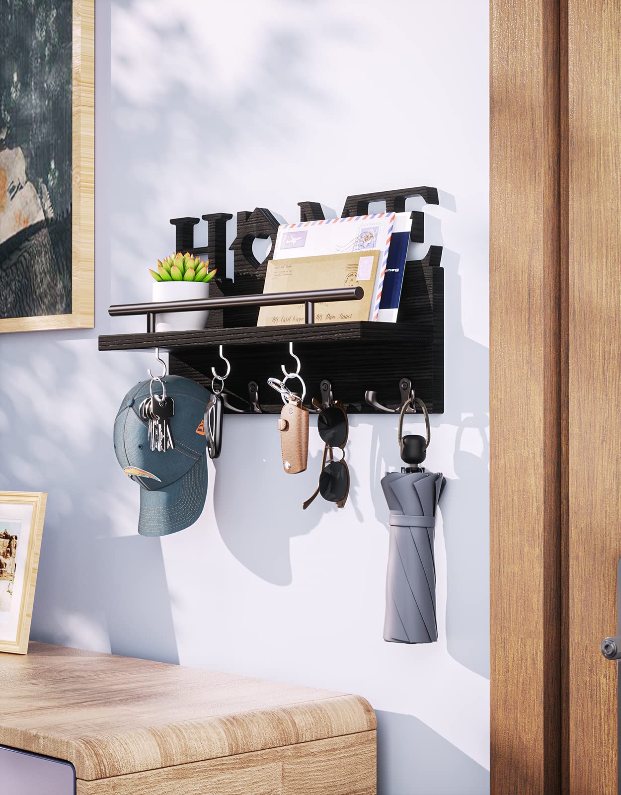 SWTYMIKI Key Hooks for Wall with Home Decoration, Wood Mail Organizer with Key Holder and Mail Holder Design, Wall Mounted Key Hanger Suitable for Entryway, Front Door, Hallway, Office, Black