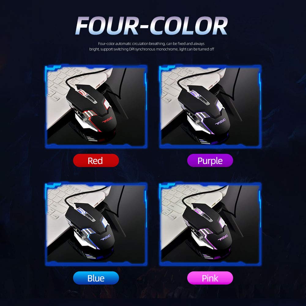 7KEYS Gaming Mouse Wired USB Computer Mice Rainbow Breathing Backlit Ergonomic with 7 Buttons Metal,800 to 2400DPI for PC/Mac/Office Gaming