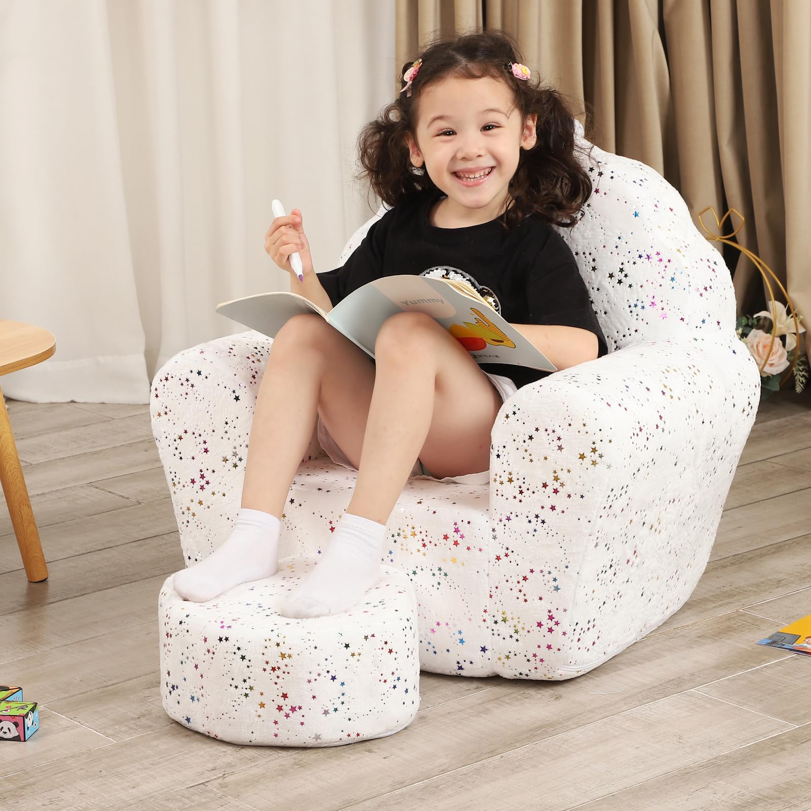 MOMCAYWEX Kids Sofa with Ottoman, Shell-Like Sofa for Boys and Girls, White with Shinny